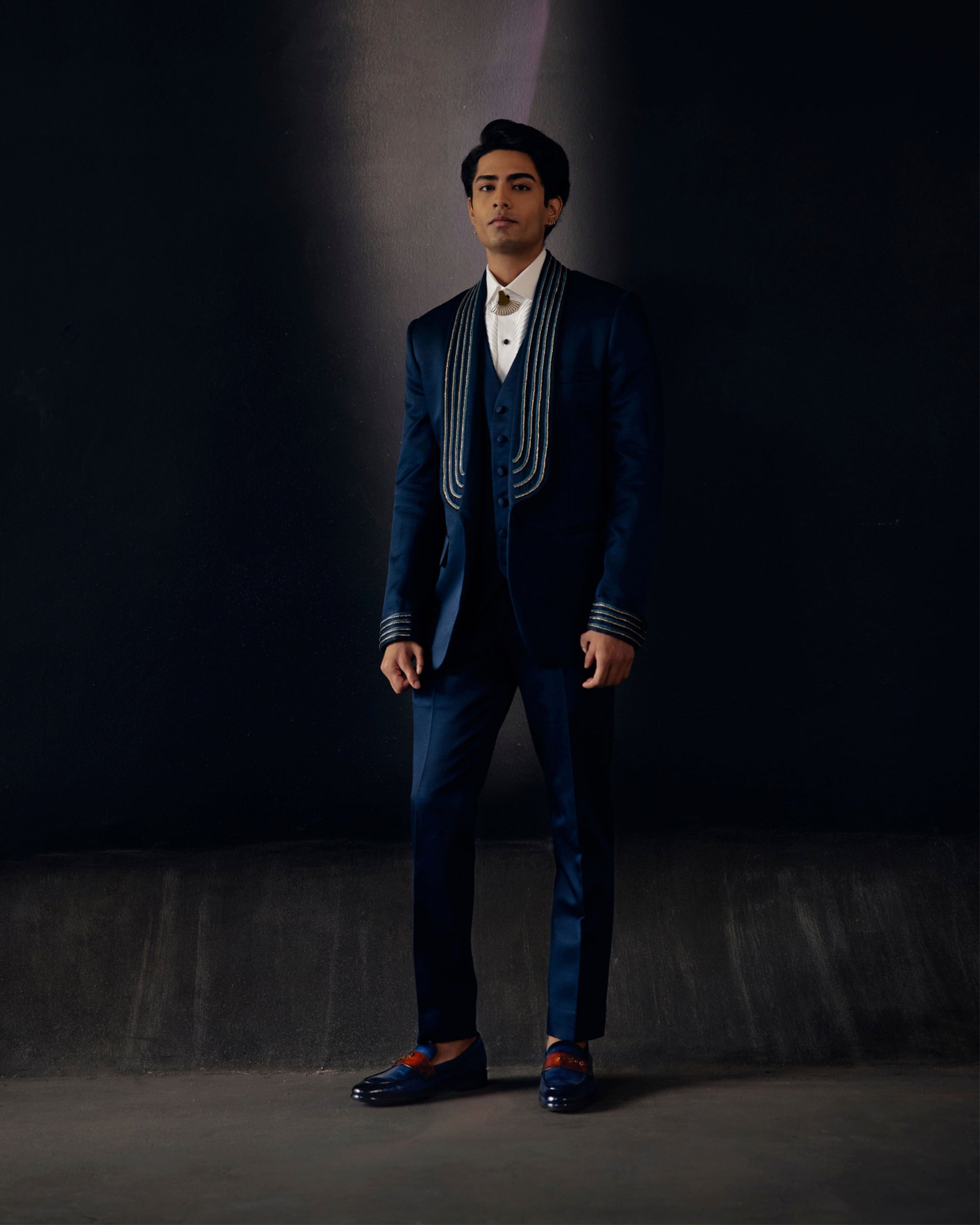 Luxury Space Blue Tux with Cord-Embroidered Details – Karegar