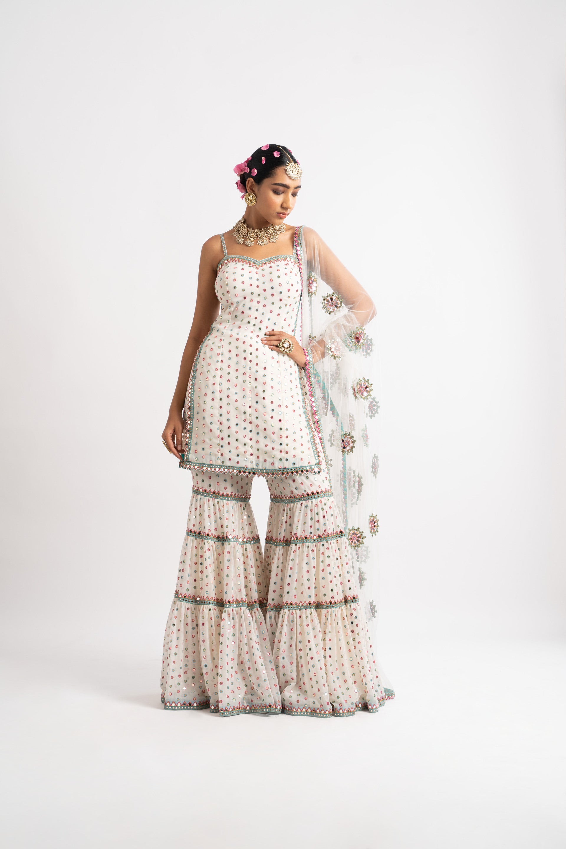 White Multi Tier Multi Color Sharara Set | Hand Embroidered Sharara Set ...